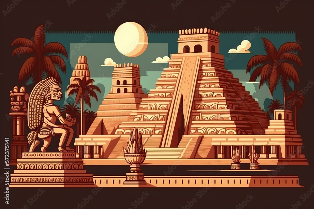 cartoon illustration, aztec city with mayan pyramids and statues, ai ...