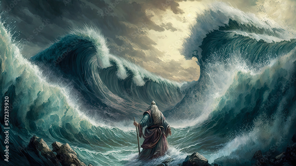 The story of Moses parting the Red Sea. Ai generated illustration ...