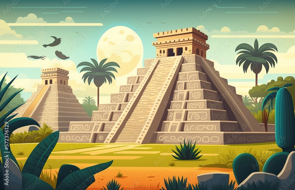 cartoon illustration, aztec city with mayan pyramids and statues, ai ...