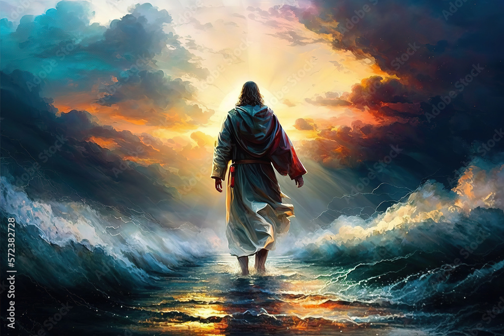 The figure of Jesus walks on water on a beautiful dramatic sunset ...