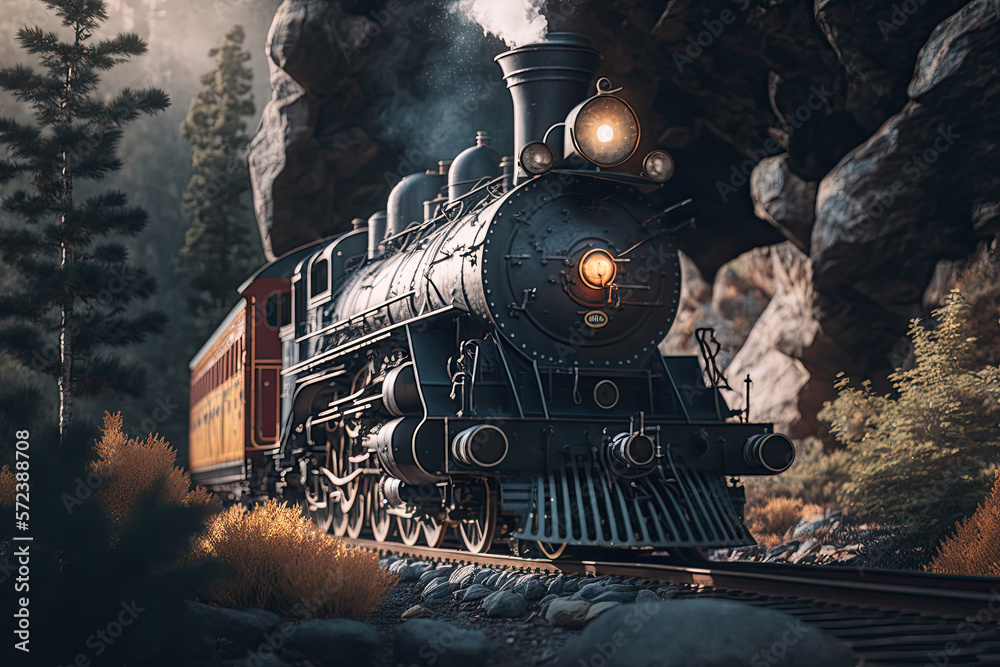 Steam locomotive running in nature, Generative AI Stock Illustration ...