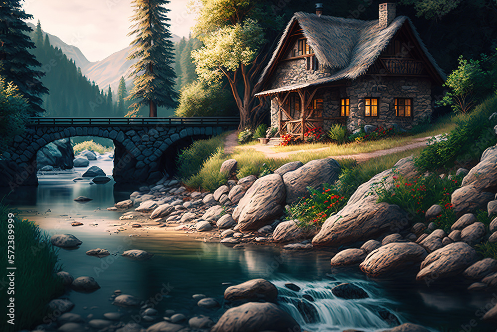 cottage by the lake.Generative Ai Stock Illustration | Adobe Stock