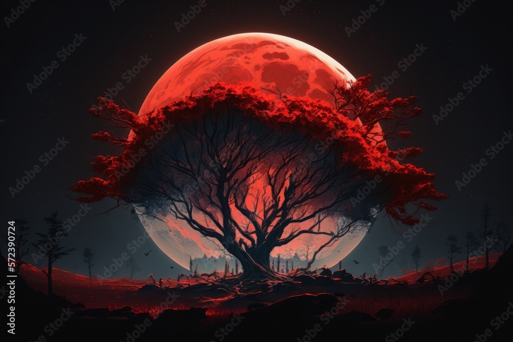 Full blood moon in the forest. A total lunar eclipse is sometimes ...