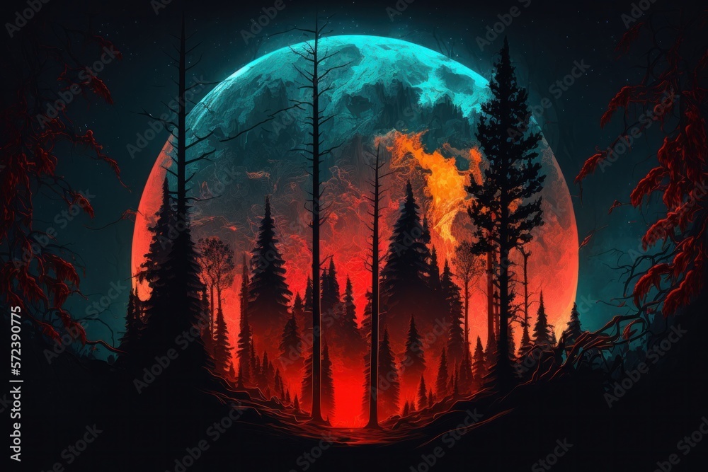 Full blood moon in the forest. A total lunar eclipse is sometimes ...
