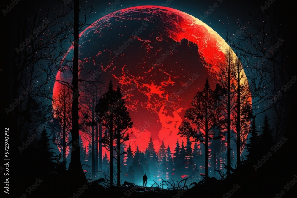Full blood moon in the forest. A total lunar eclipse is sometimes ...