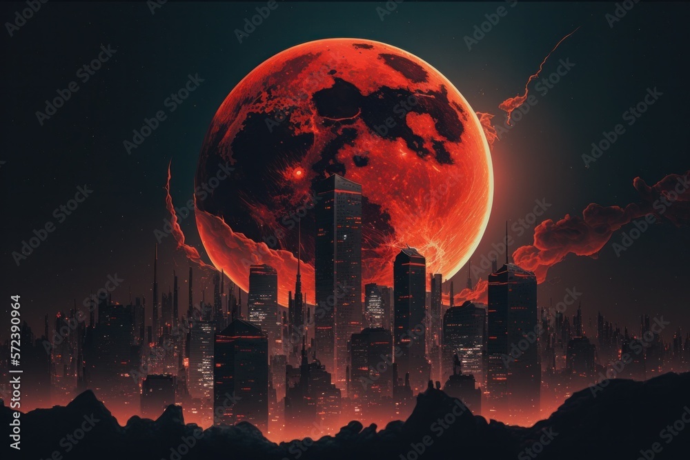 Full blood moon above the city with skyscrapers. skyline. A total lunar ...
