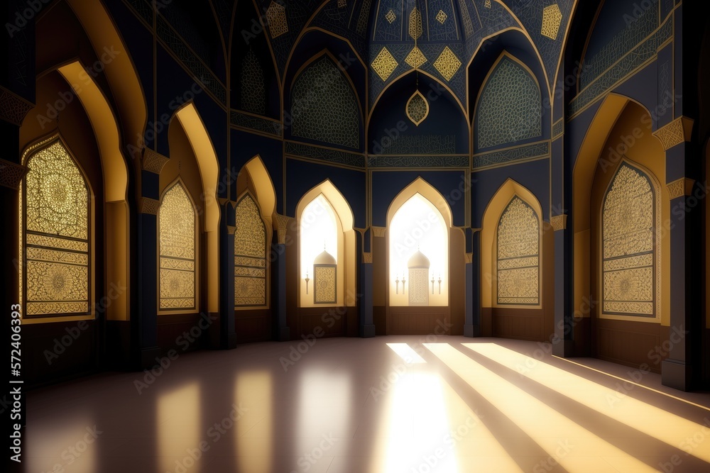 Islamic background painting. Mosque and shadows. Light rays from mosque ...