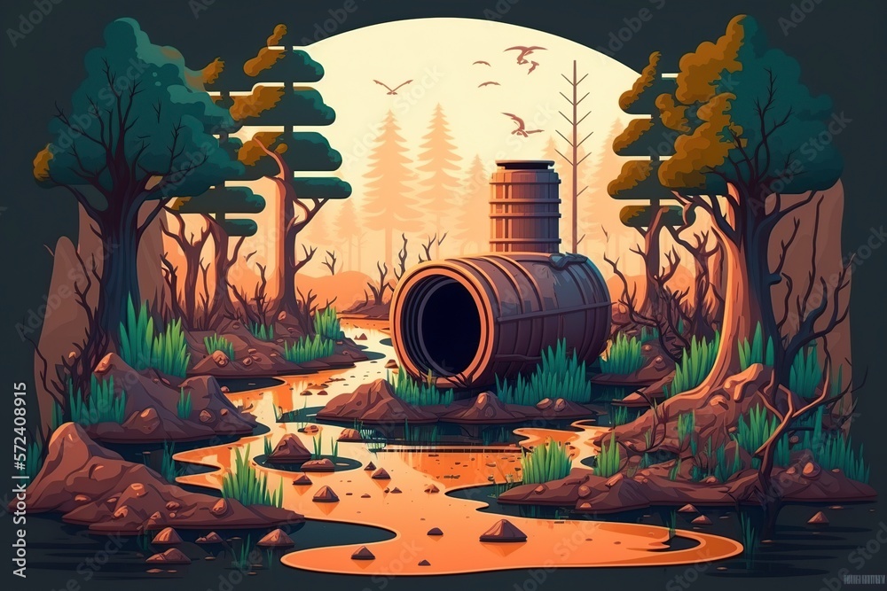 cartoon illustration, dirty toxic, swamp with sewage, pipes and barrels ...