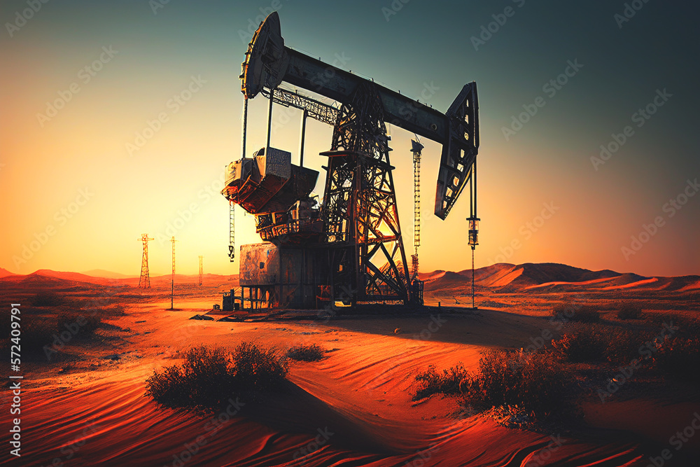 Pump jack in the desert in Space. Crude oil refinery plant. Fossil ...
