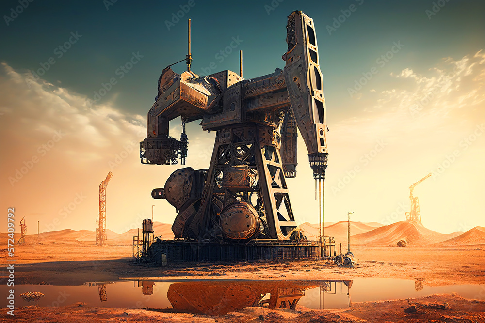 Pump jack in the desert in Space. Crude oil refinery plant. Fossil ...