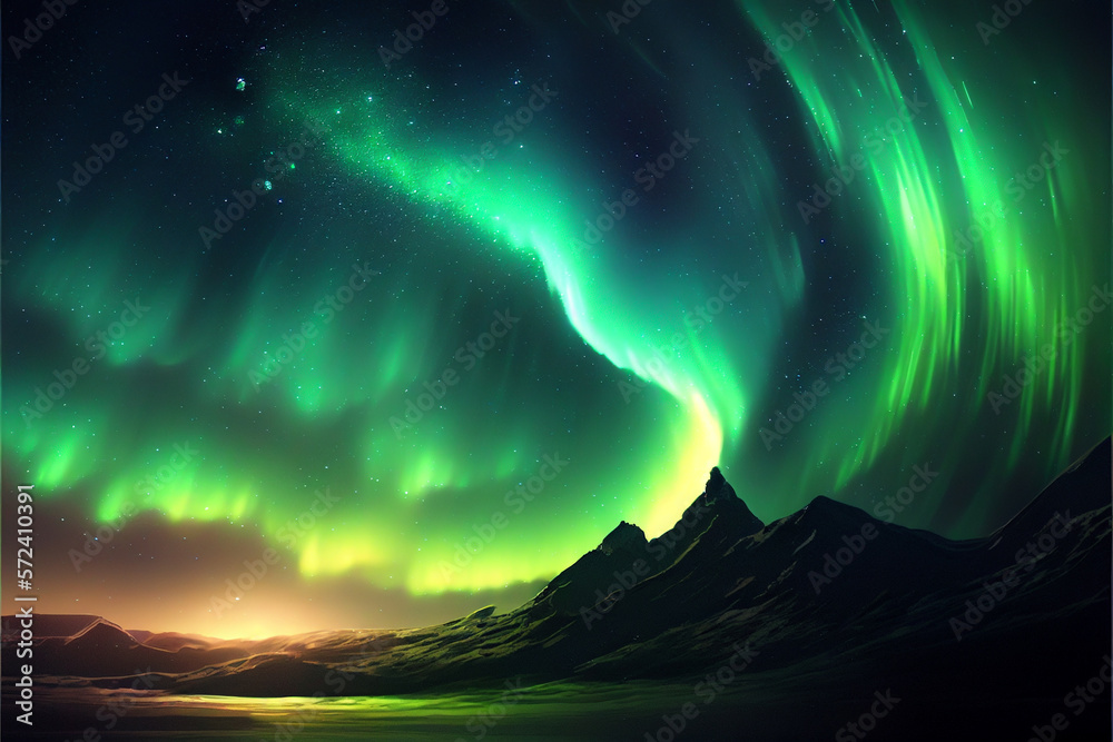 Northern lights over the sea, snowy mountains in aurora Polaris night ...