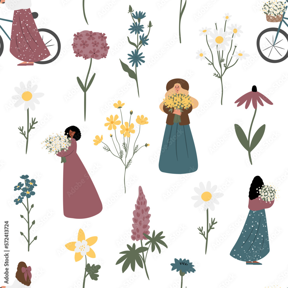 wildflower seamless pattern, floral digital paper, woman illustration ...