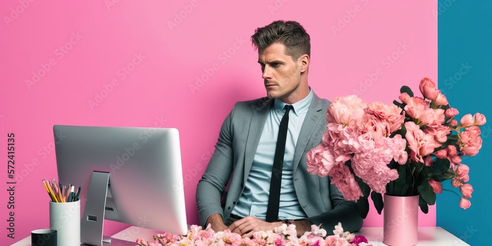 Handsome man in business suit at his desk in his pink office at laptop ...