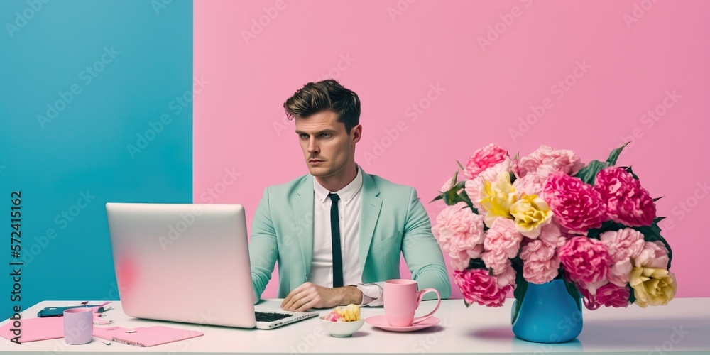 Handsome man in business suit at his desk in his pink office at laptop ...