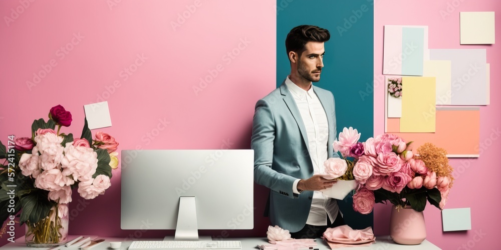 Handsome man in business suit at his desk in his pink office at laptop ...