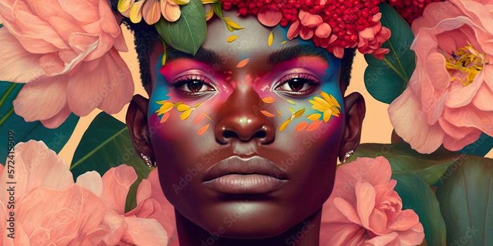 Love, beautiful woman portrait in vivid, fresh, Spring, flowers, retro ...