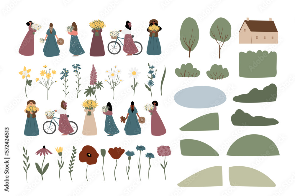 wildflower woman illustration clipart, vector cottagecore landscape ...