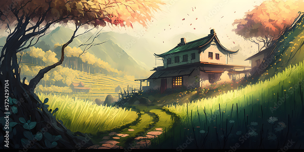 illustration of watercolor tea garden with tea bushes growing in neat ...