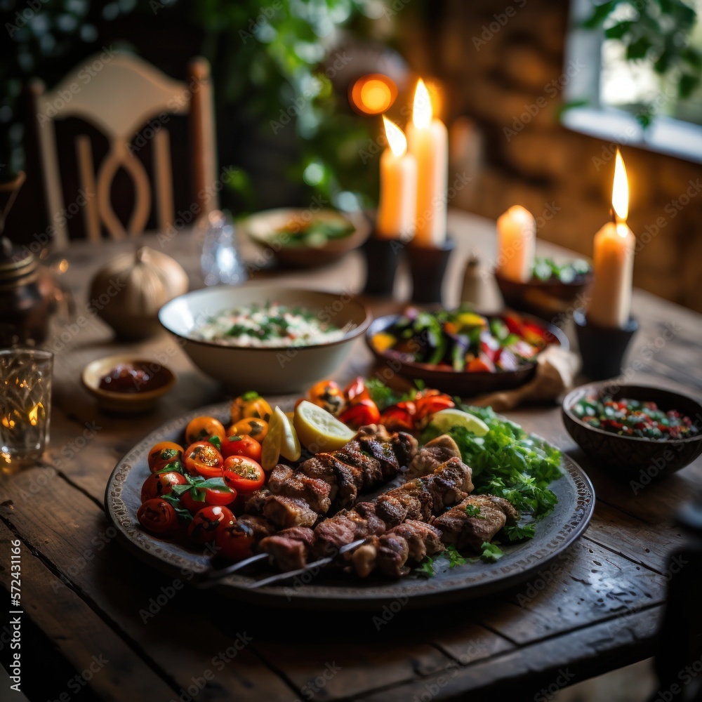 Skewered meat barbecue, charcoal-grilled kebab, outdoor skewer cooking ...