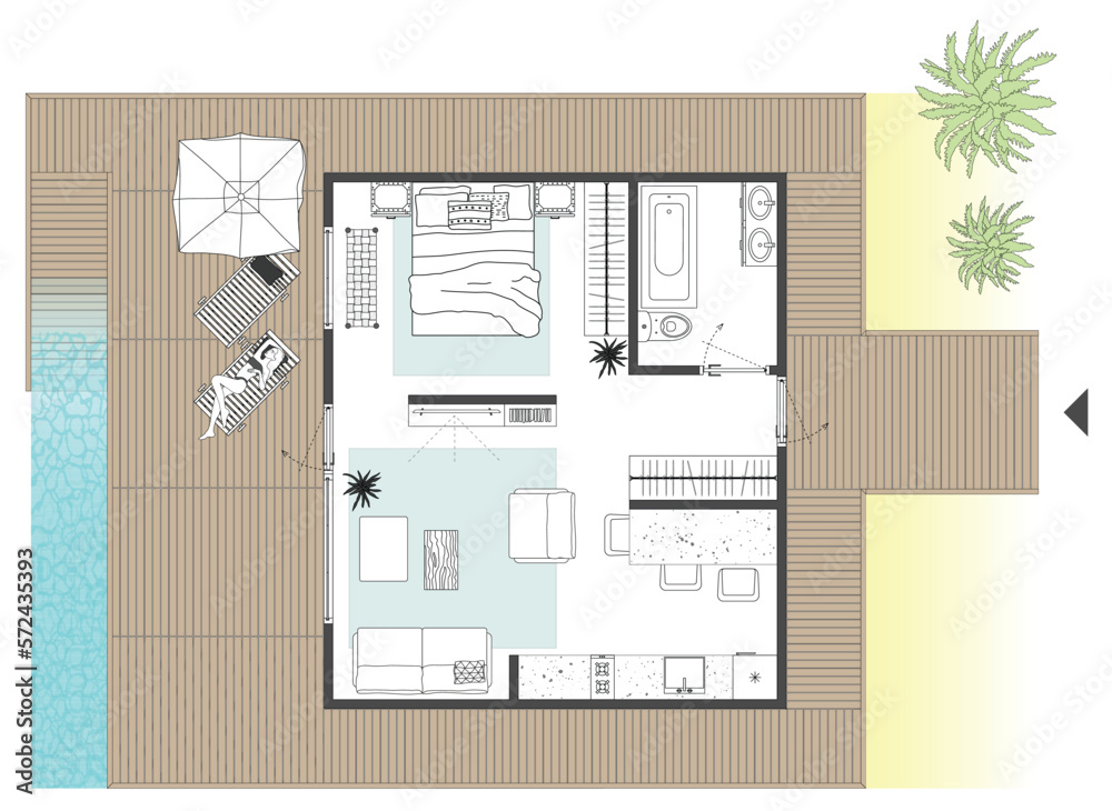 Floor plan of a country villa with furniture in top view. Architectural ...