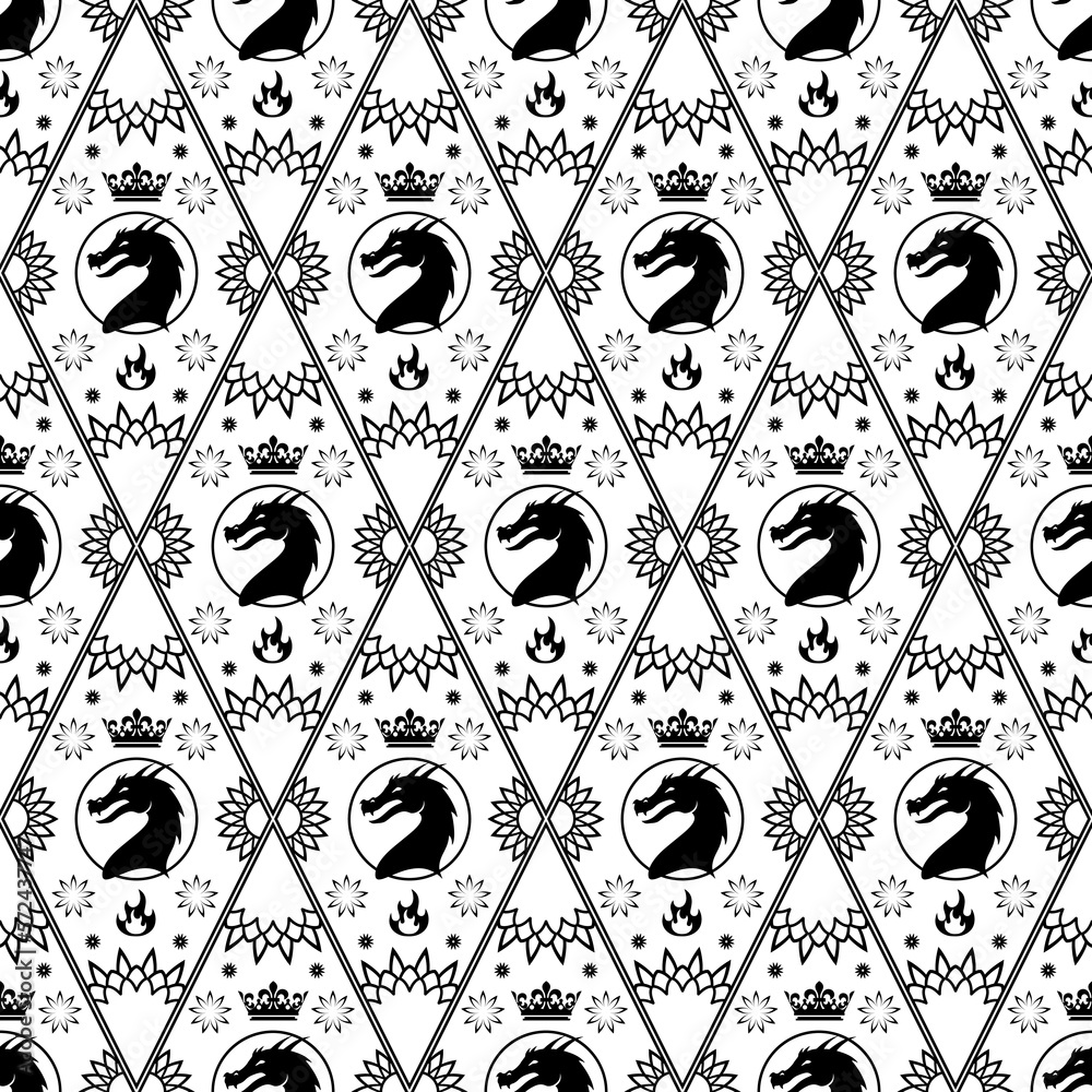 Black and white seamless pattern made up of dragons and wyverns ...