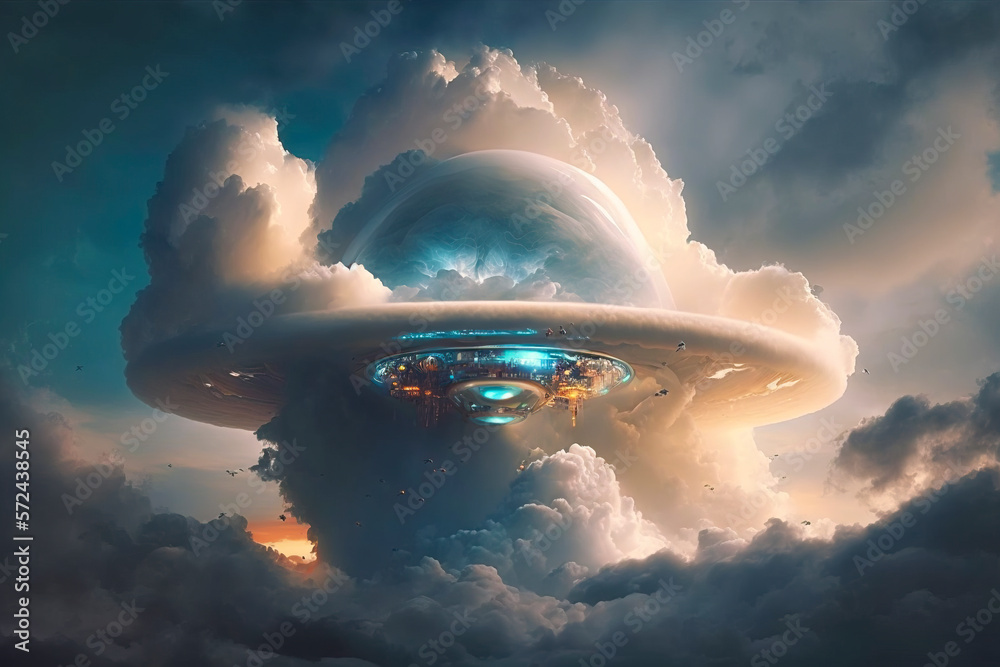 spaceship hidden in a cloud, UAP UFO, unidentified flying object, alien spacecraft invasion on ...