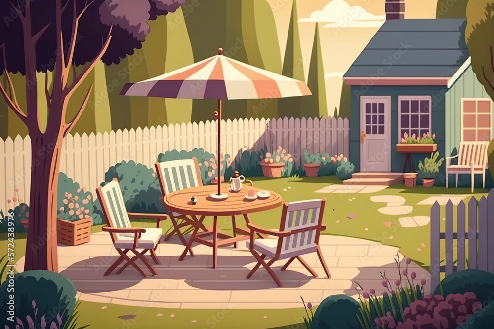 cartoon illustration, back garden with table, sofa and armchairs, ai ...
