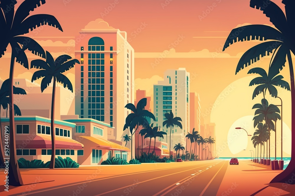 cartoon illustration, street in miami with hotels, sandy beach and palm ...