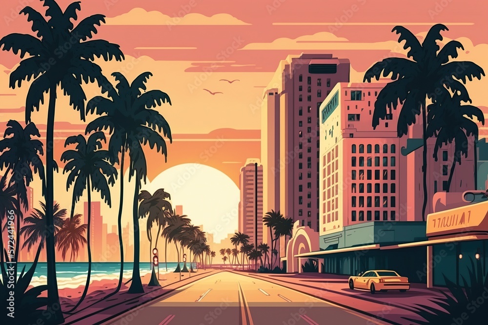 cartoon illustration, street in miami with hotels, sandy beach and palm ...