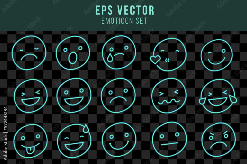 Vector green turquoise neon icon set for mood tracker. Ten scale of ...
