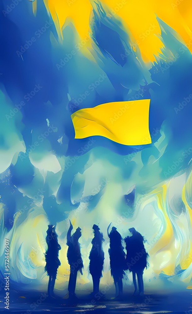 Ukraine flag and fighters. Ukraine theme background. Blue and yellow ...