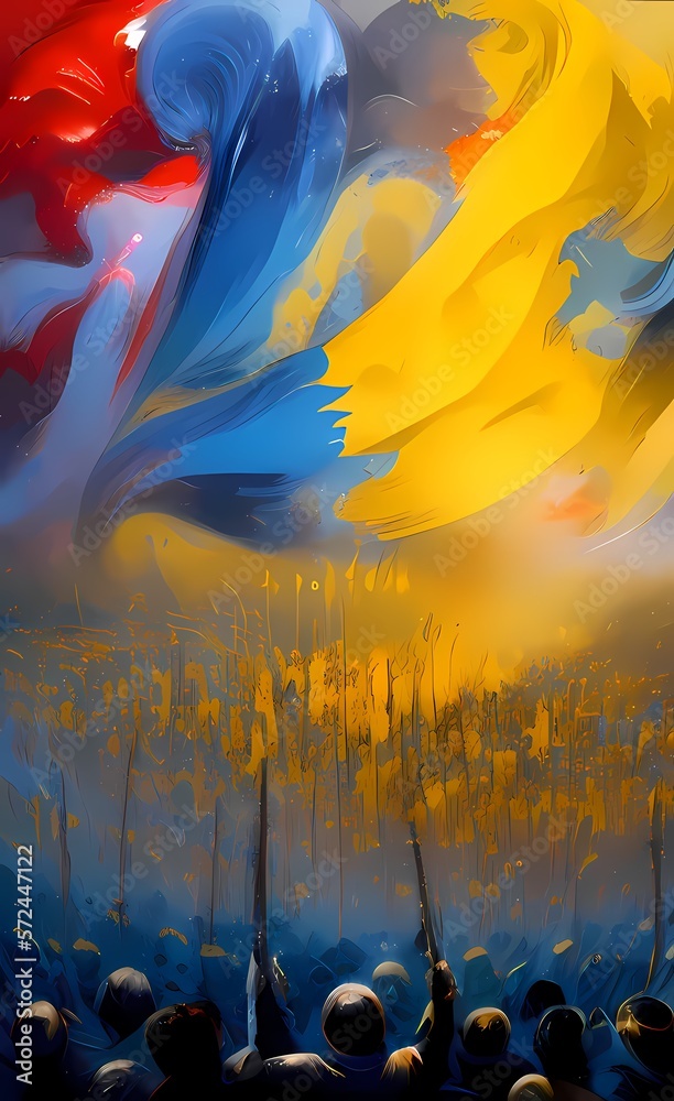 Fighting People and Ukrainian flag. Ukraine theme background. Blue and ...