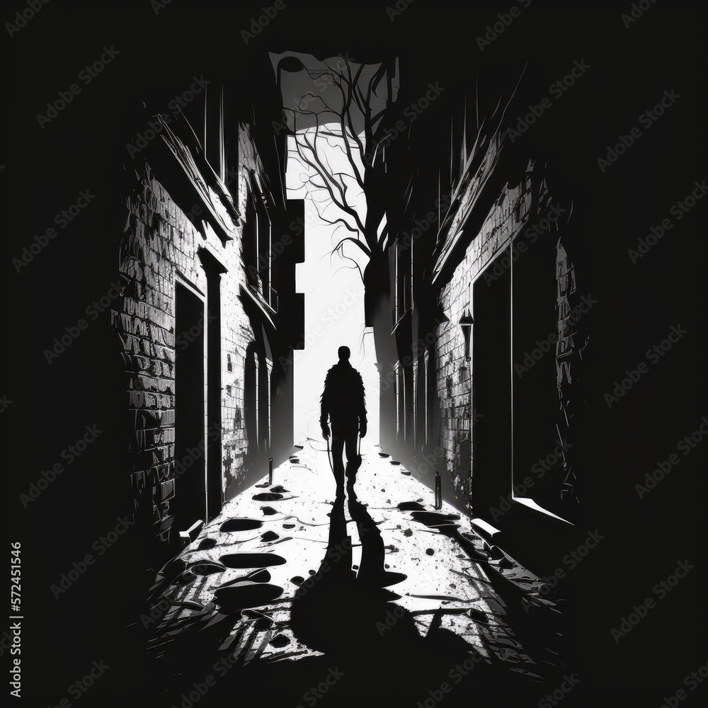 Twisted Pathways: Silhouette Dark Alley with Flickering Street Lights ...