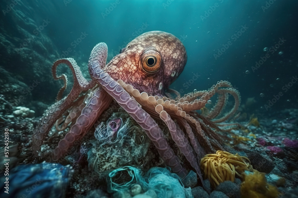 Environmental Problem. Ocean pollution concept. An octopus perches on a ...