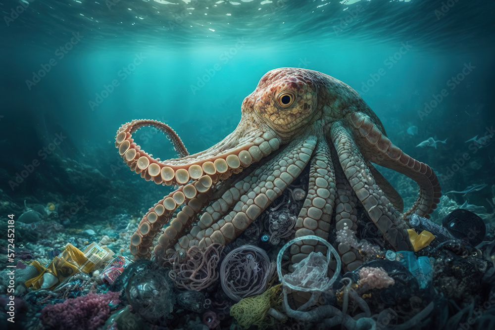 Environmental Problem. Ocean pollution concept. An octopus perches on a ...