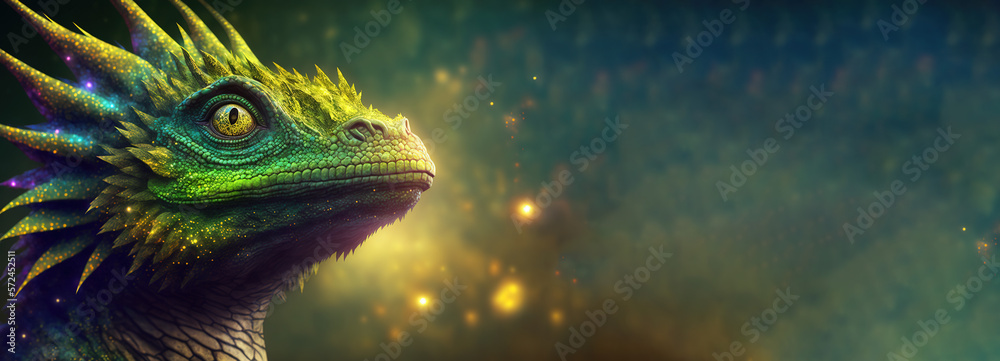 Dragon in lime green color hues, celestial background, friendly dragon ...