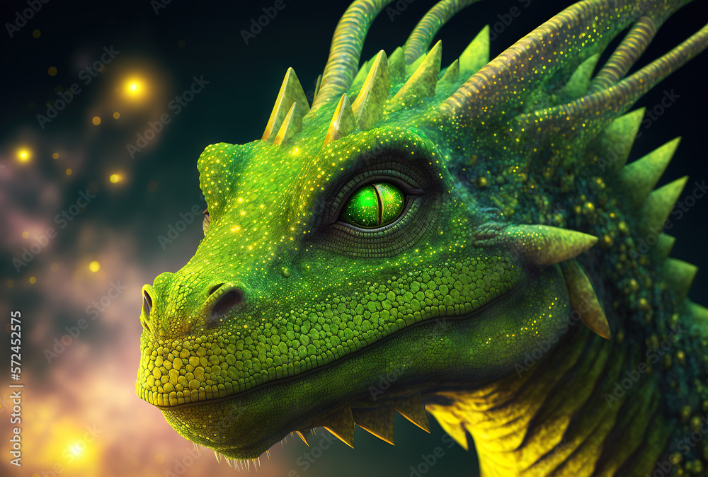 Dragon in lime green color hues, celestial background, friendly dragon ...