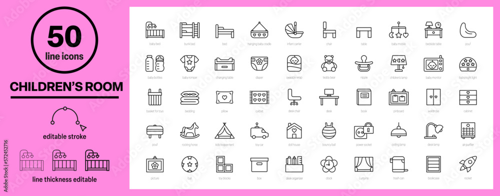 children's room icons, baby room icon set, kids room vector icons ...