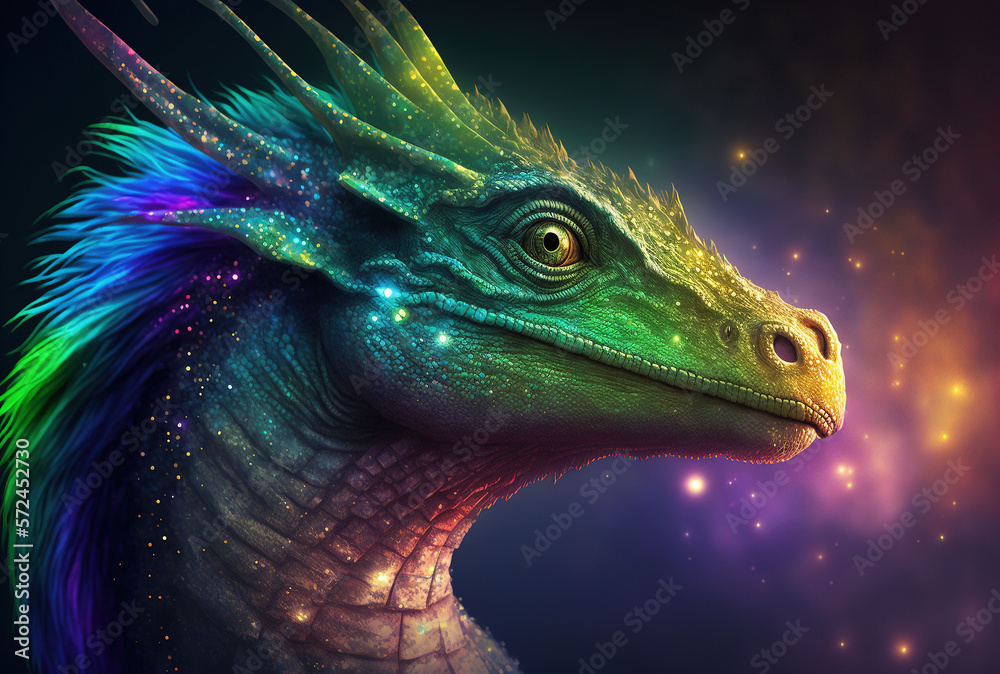 Dragon rainbow hues, celestial background, friendly dragon, esoteric ...