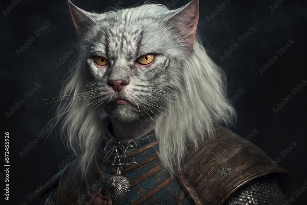 Portrait of White Cat as Warrior in Leather Armor Witcher Photo ...