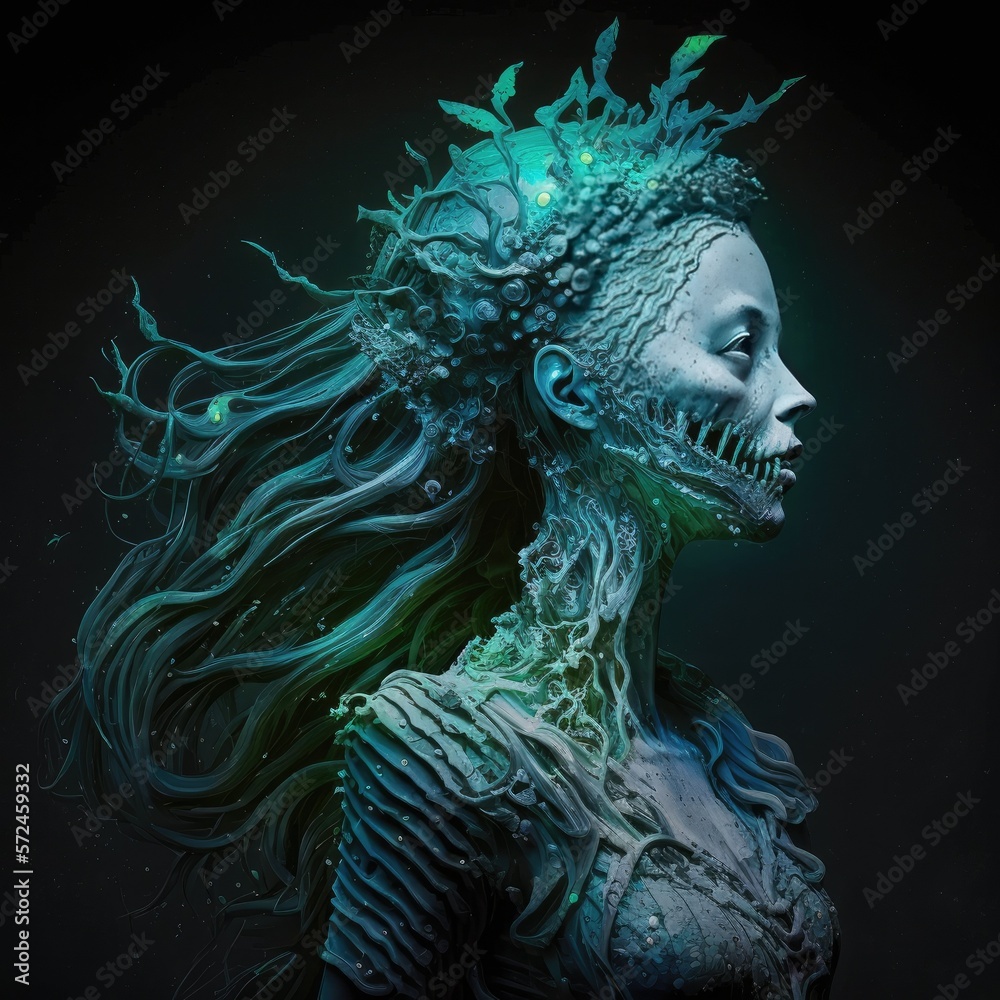 horror scary undead bioluminescent mermaid. Digital art. Generative AI ...