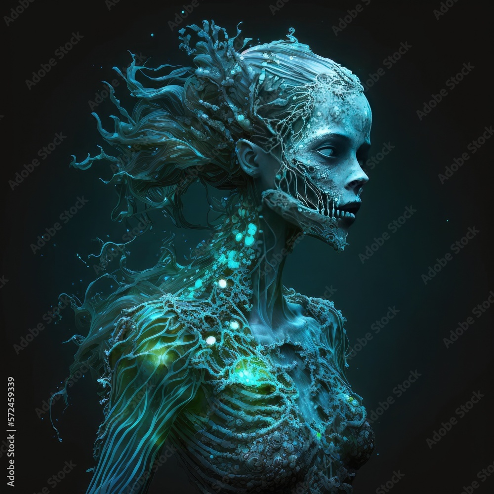 horror scary undead bioluminescent mermaid. Digital art. Generative AI ...