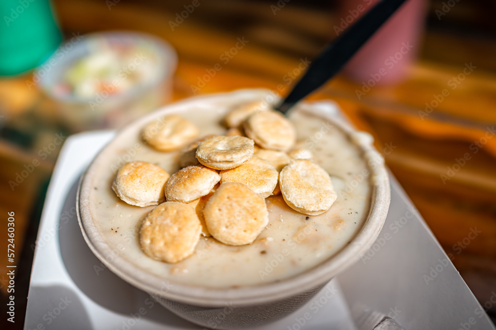 Clam chowder chunky creamy seafood soup bowl at shack restaurant with ...