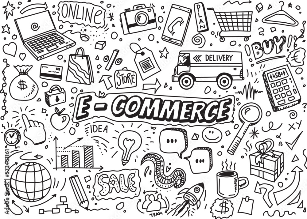 E commerce vector doodles, hand drawn elements on white background ...