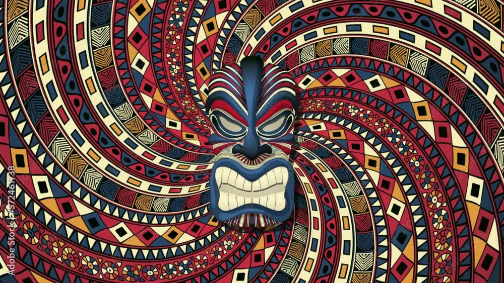 Tribal mask over a rotating spiral background, loop animation Stock ...