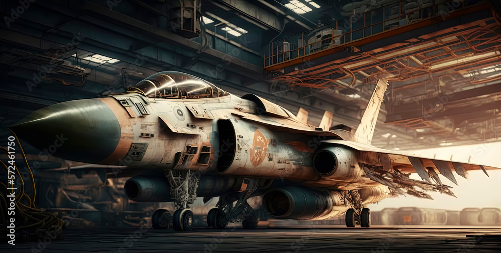 military aircraft stands in the hangar, military fighter aircraft on ...