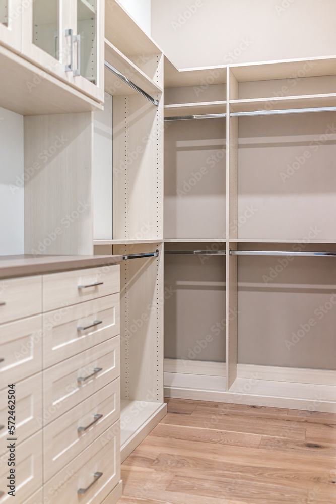 Walk-in closet shelves, chest of drawers in modern minimalist white ...