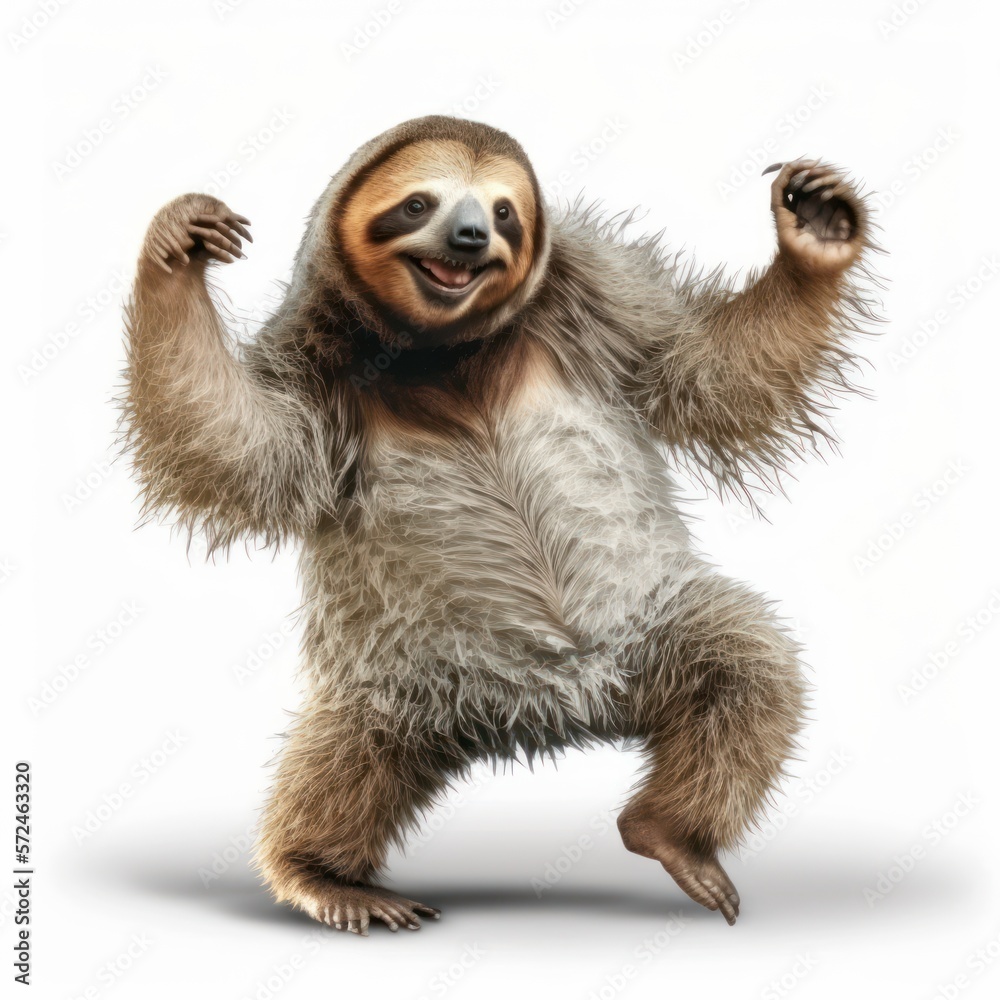 Detailed illustration of a funny friendly joyful sloth dancing happily isolated on a white ...