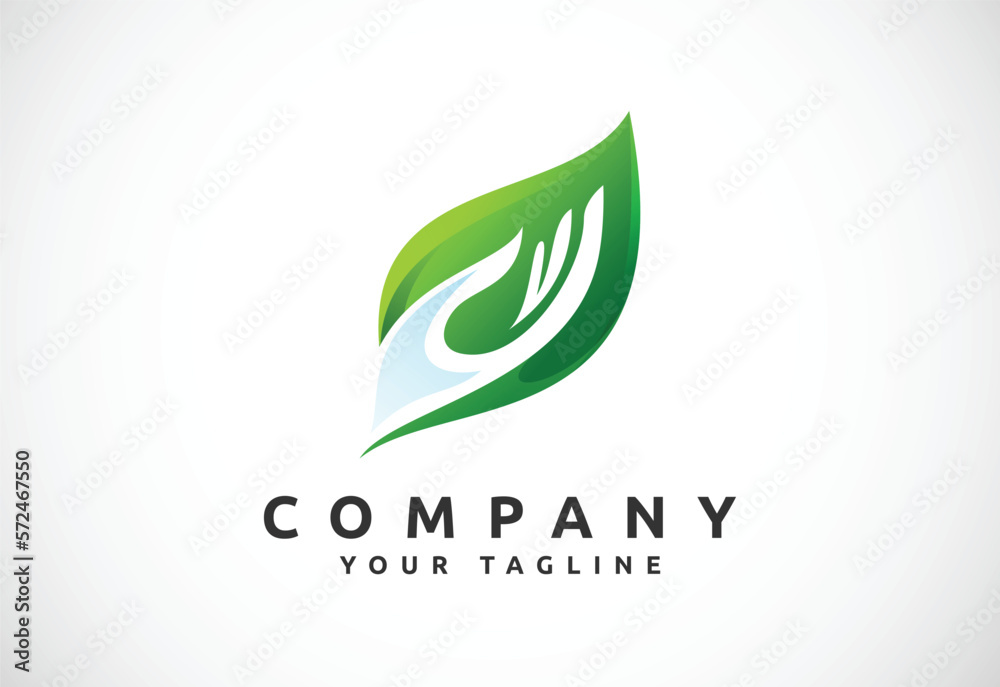 Green leaf hand logo design. Natural eco friendly symbol vector ...