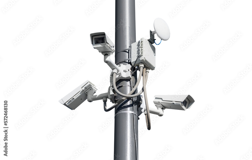 Surveillance security camera cluster on tall pole with cut out ...
